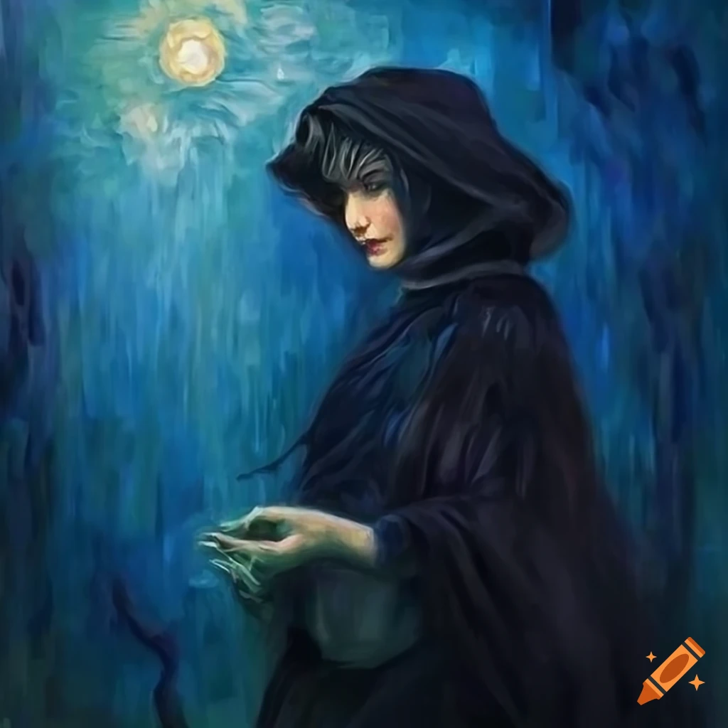 Highly textured oil painting of a sorceress casting a spell at a castle ...