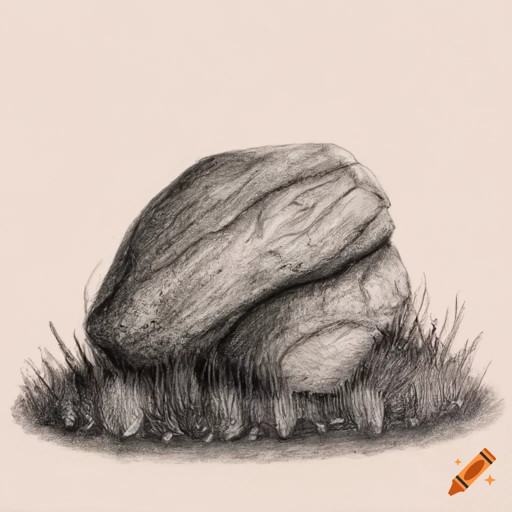Pencil drawing of a boulder with grasses and mushrooms on Craiyon