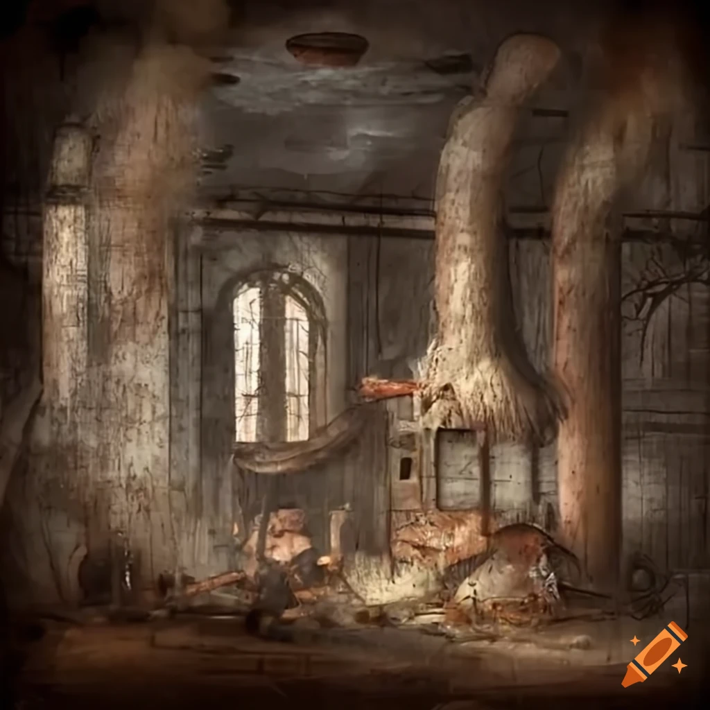 Family of mice in an old factory with cobwebs and broken machinery on ...