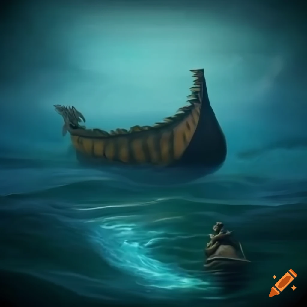 Prehistoric ark in a storm at sea with wooden hull and vine ropes on ...