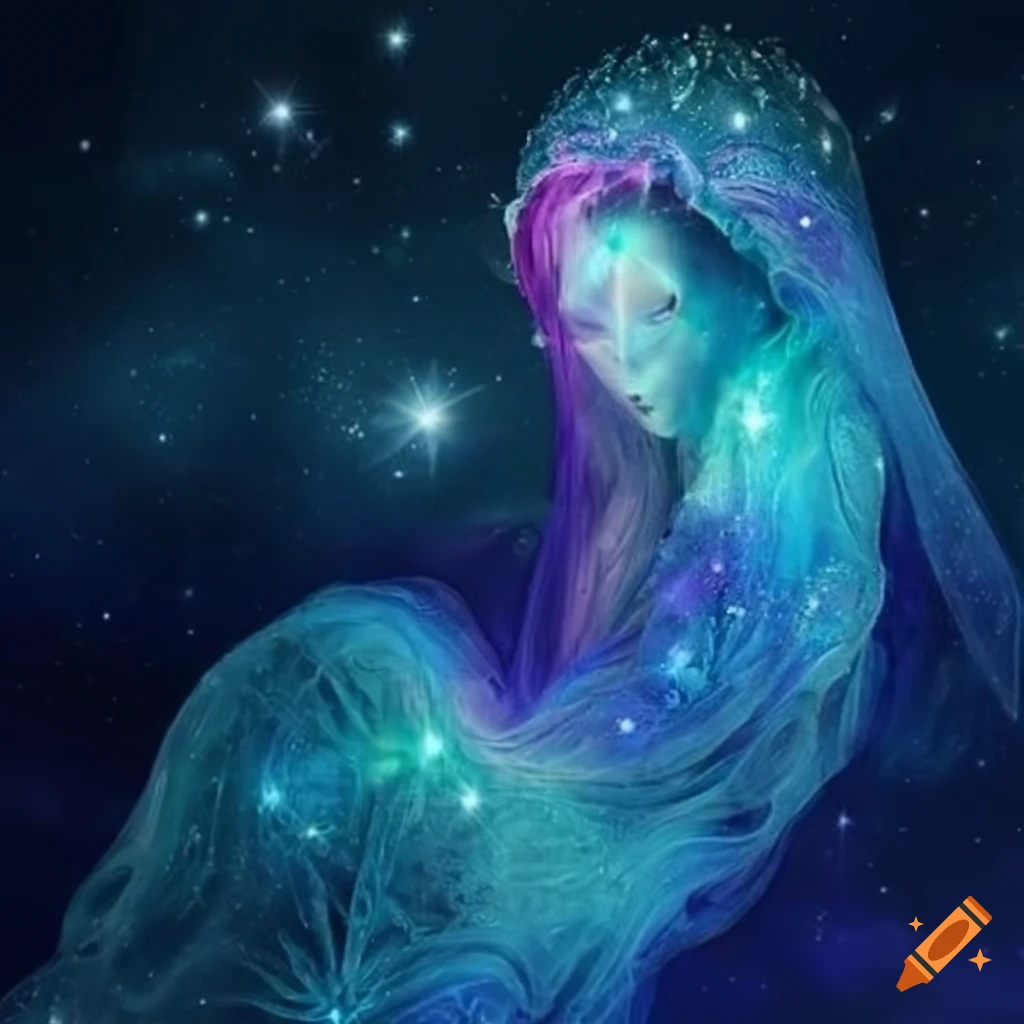 Ethereal celestial creature surrounded by shimmering watery veil on Craiyon