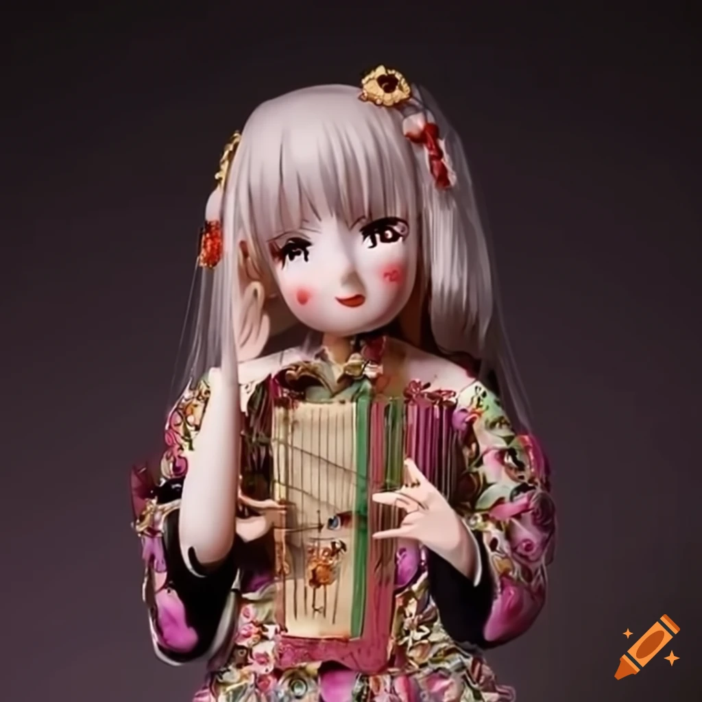 Intricately decorated anime doll with a traditional mouth harp on Craiyon