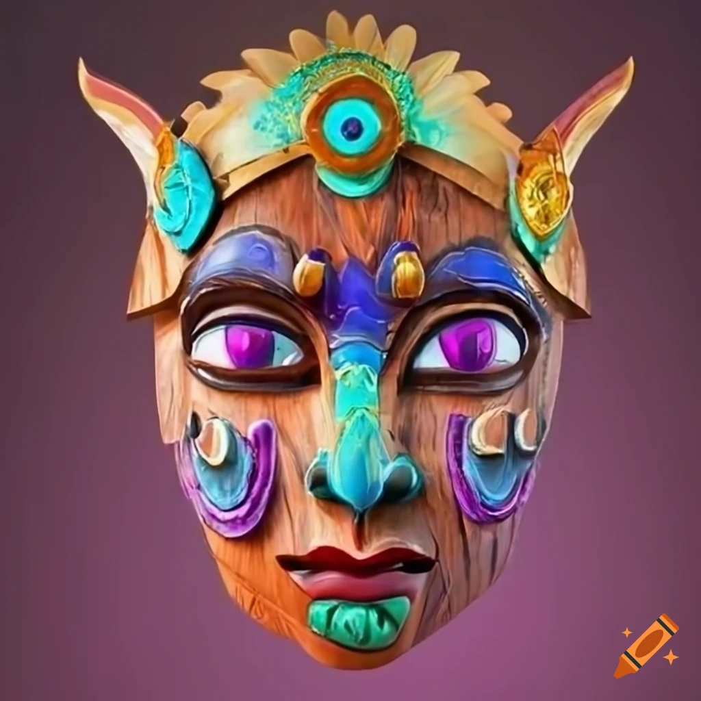 Vibrant sumarian wooden mask of a beautiful queen with lifelike eyes ...