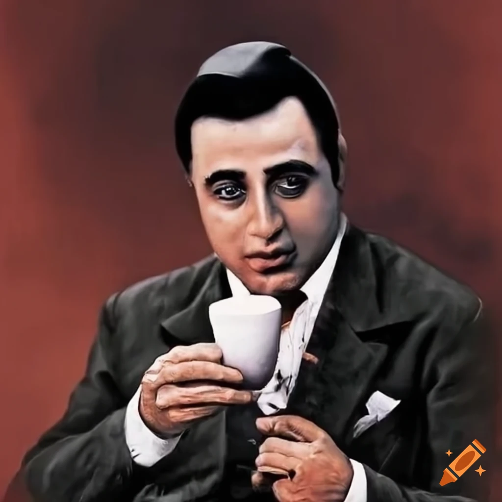 Al Capone with black hair drinking a cappuccino on Craiyon