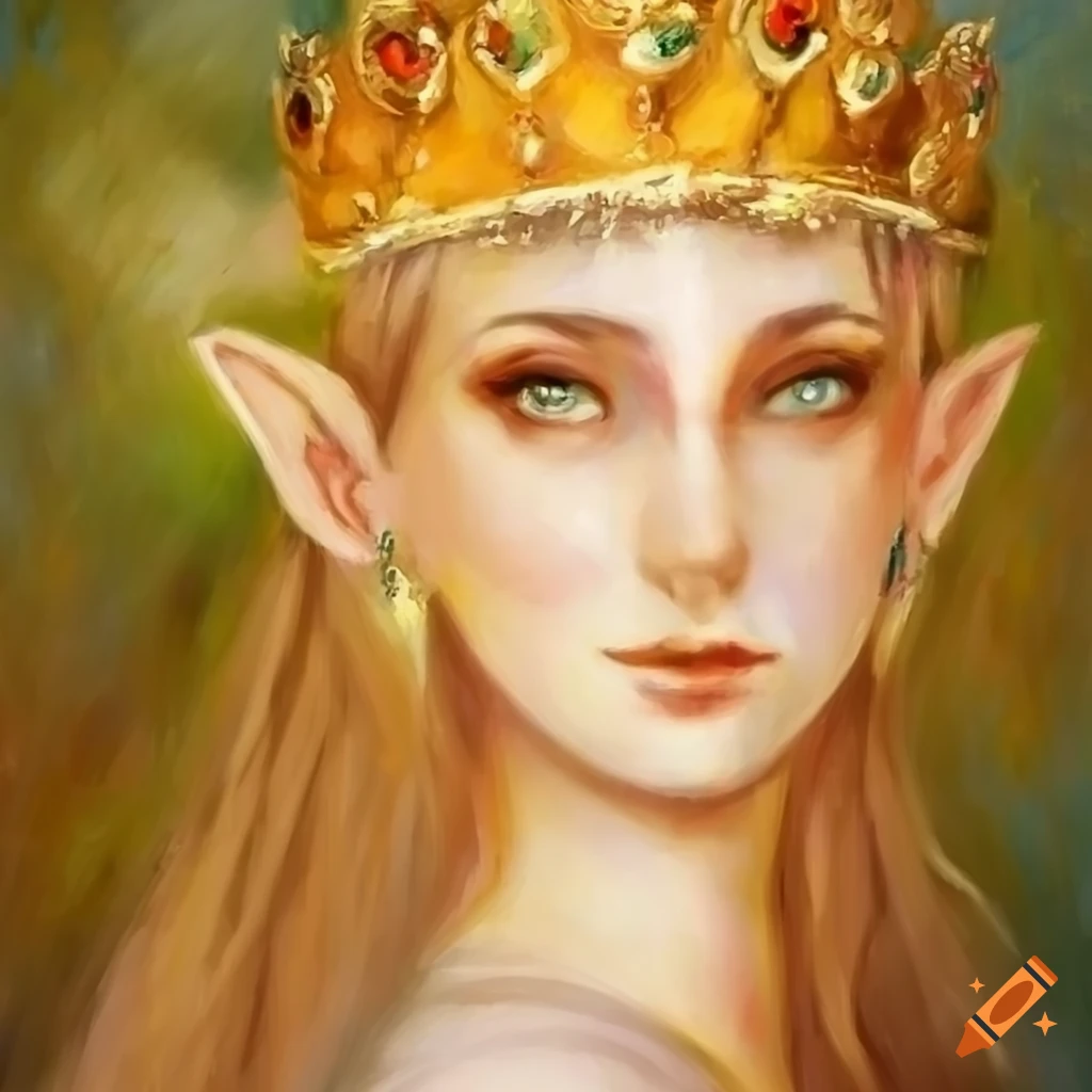 Beautiful Elf queen with crown and golden hair in an impressionistic ...