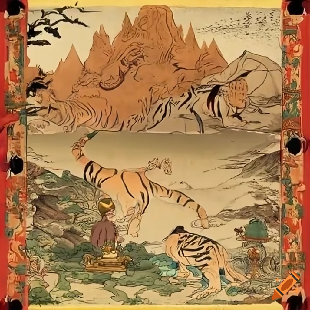 Immortal holding a Buddhist altar riding a tiger on a mountain trail on ...