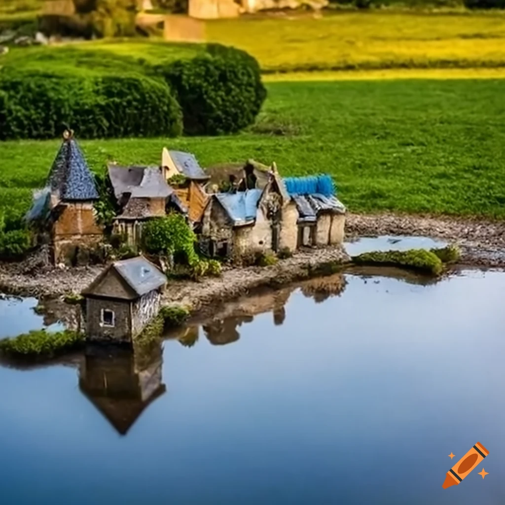 Miniature medieval village reflected in a puddle of water on Craiyon