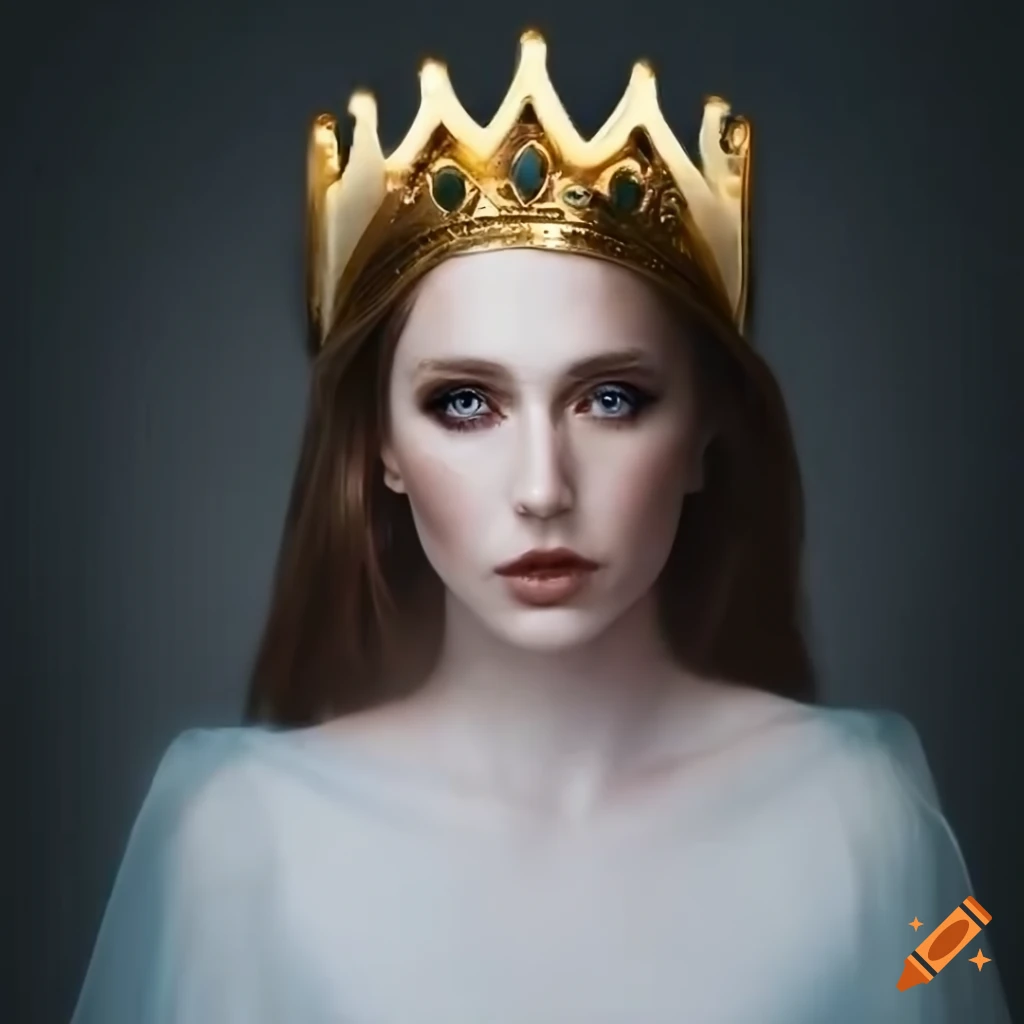 Digital painting of a good queen in white gown and golden crown with ...