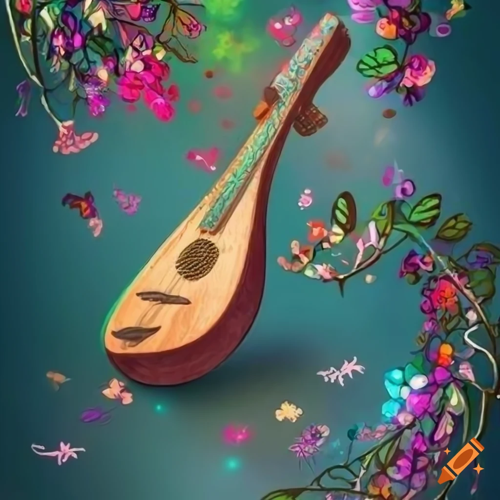 D&d style badge with wooden lute, colorful flowers, butterflies, and ...