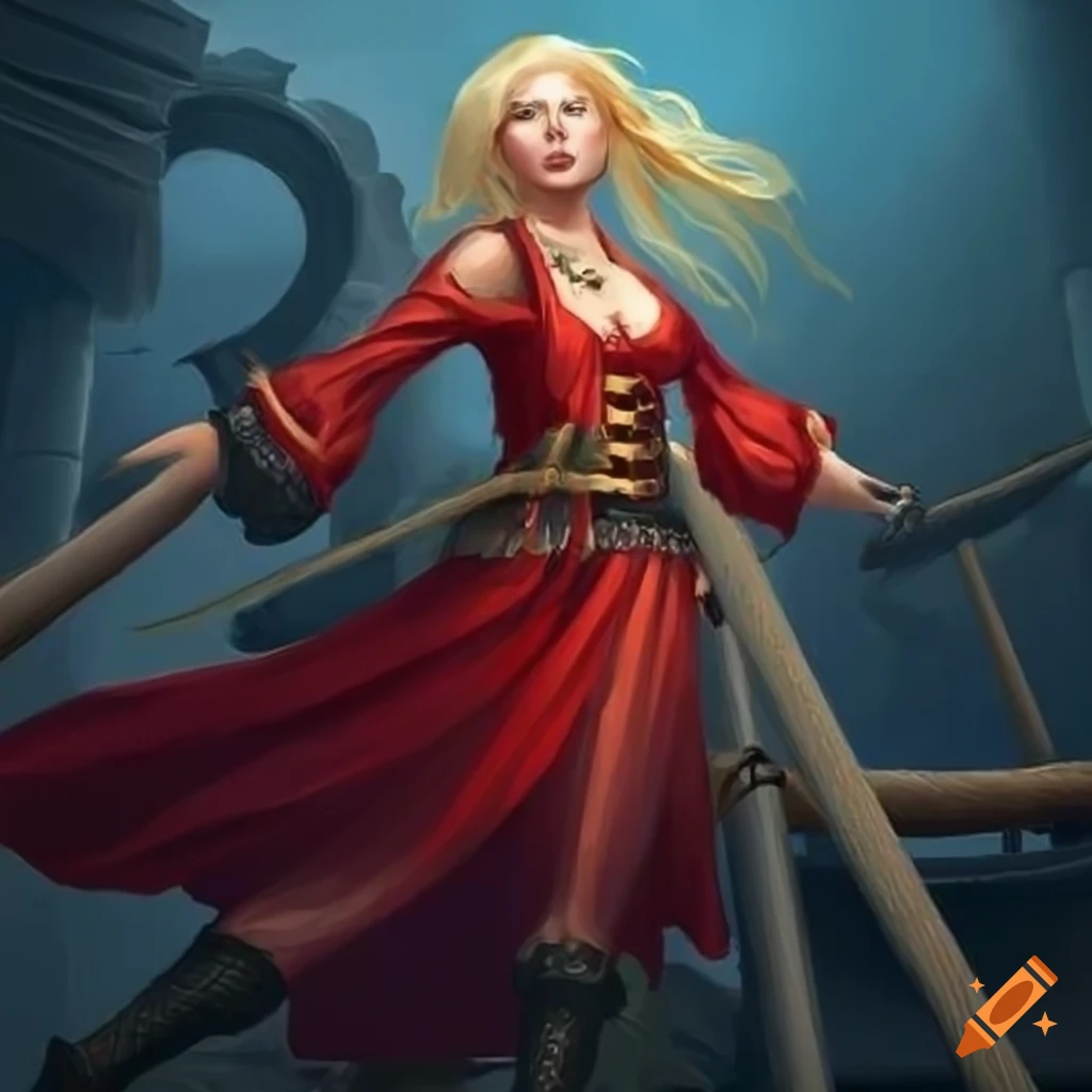 Female pirate with blonde hair climbing ship rigging in fantasy art ...