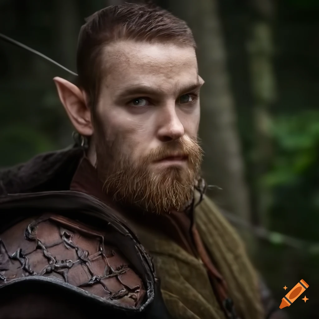 Male half-elf ranger in a dark forest wearing leather armor on Craiyon