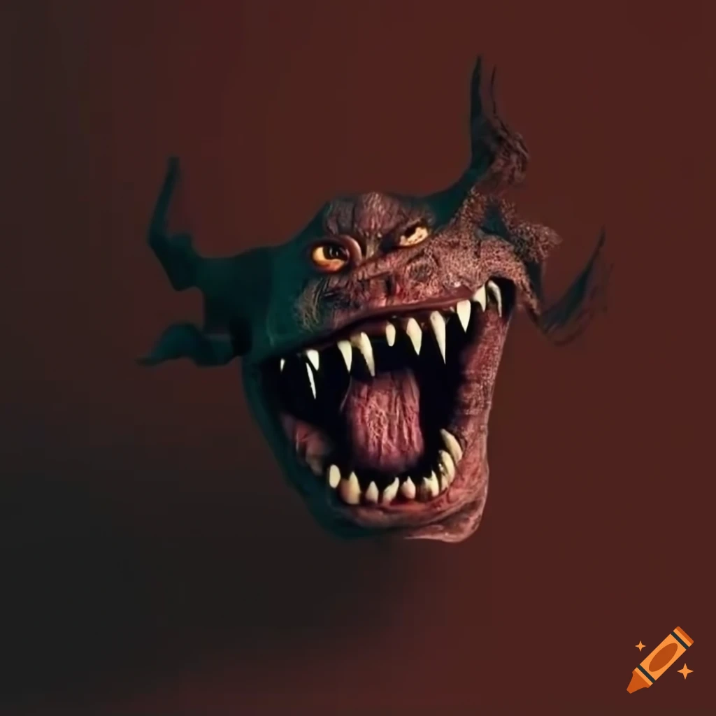 Brutalism monster snarling on dark solid color background with film ...