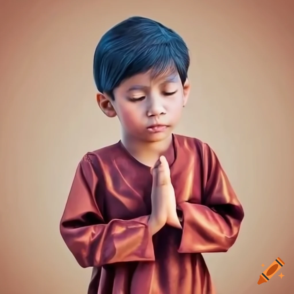 Boy in traditional attire offering morning prayers peacefully on Craiyon