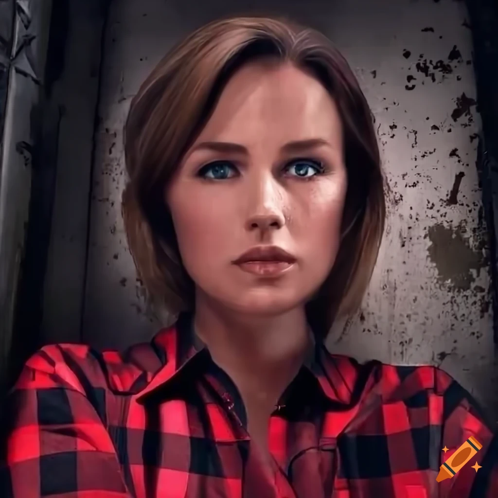 British actress Kelly McDonald lookalike in red plaid shirt and black ...