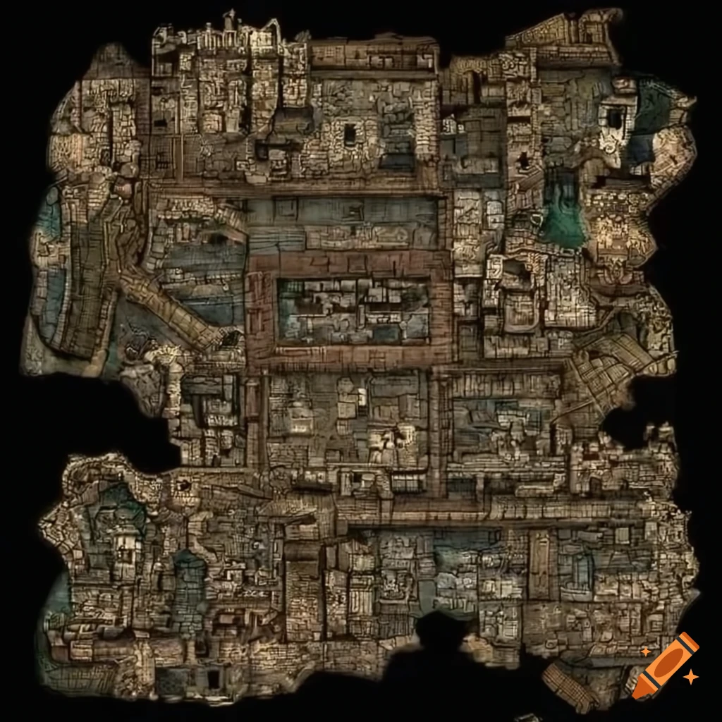 Intricate map showing ruins of a walled fantasy city on Craiyon