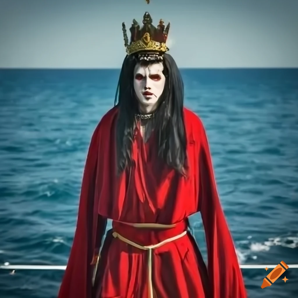 Young handsome vampire lord in red robes standing on a ship looking out ...