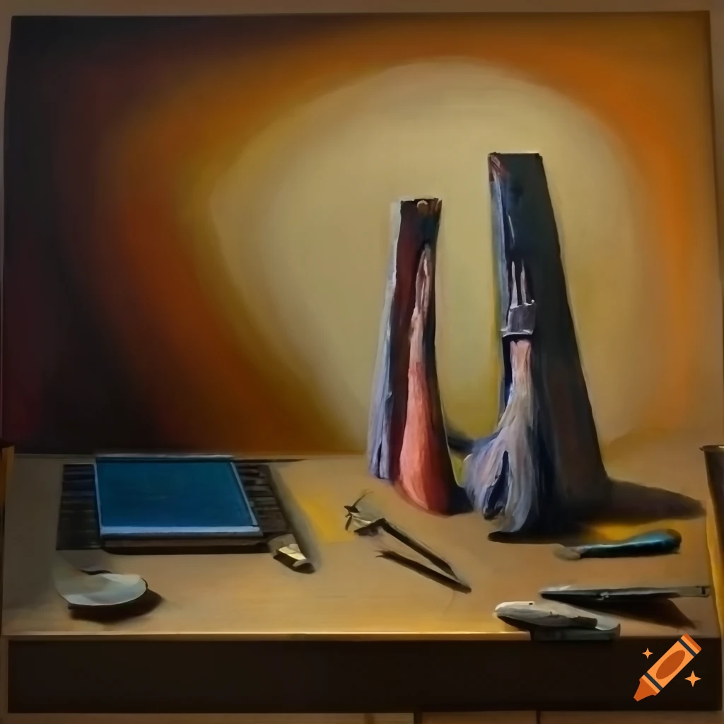 Contemporary avant-garde art studio with sculptures, installations, and ...