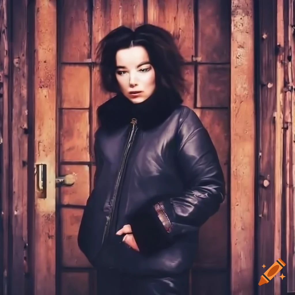 Young Bjork in a sheepskin bomber jacket and leather trousers standing ...