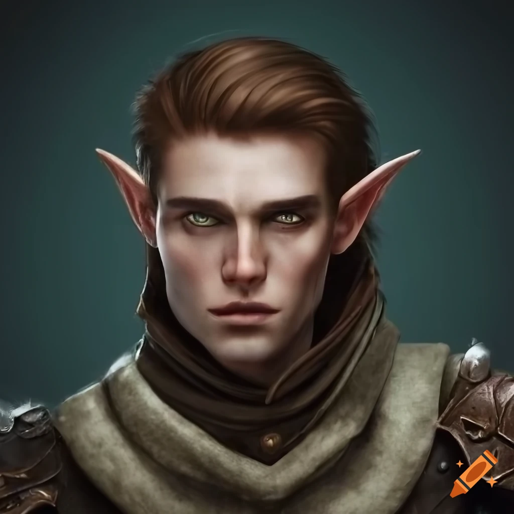 Male half-elf ranger in a dense forest wearing leather armor on Craiyon