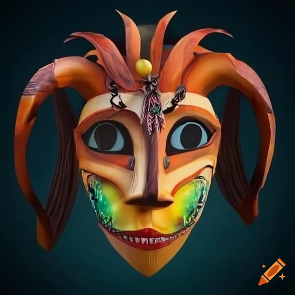 Vibrant Sumarian wooden mask with feather crown and lifelike features ...