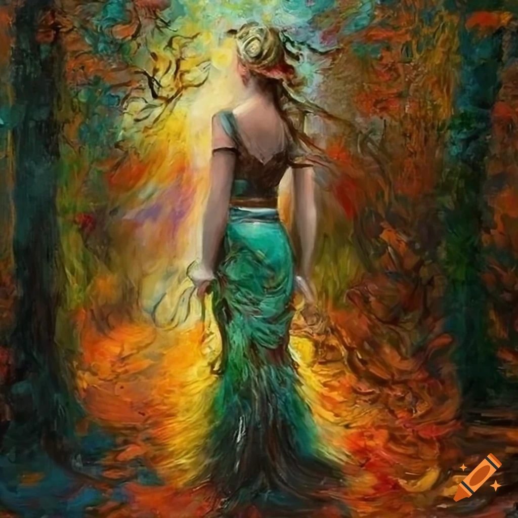 Monet-inspired wild wood elf woman with a beast in an autumn forest ...