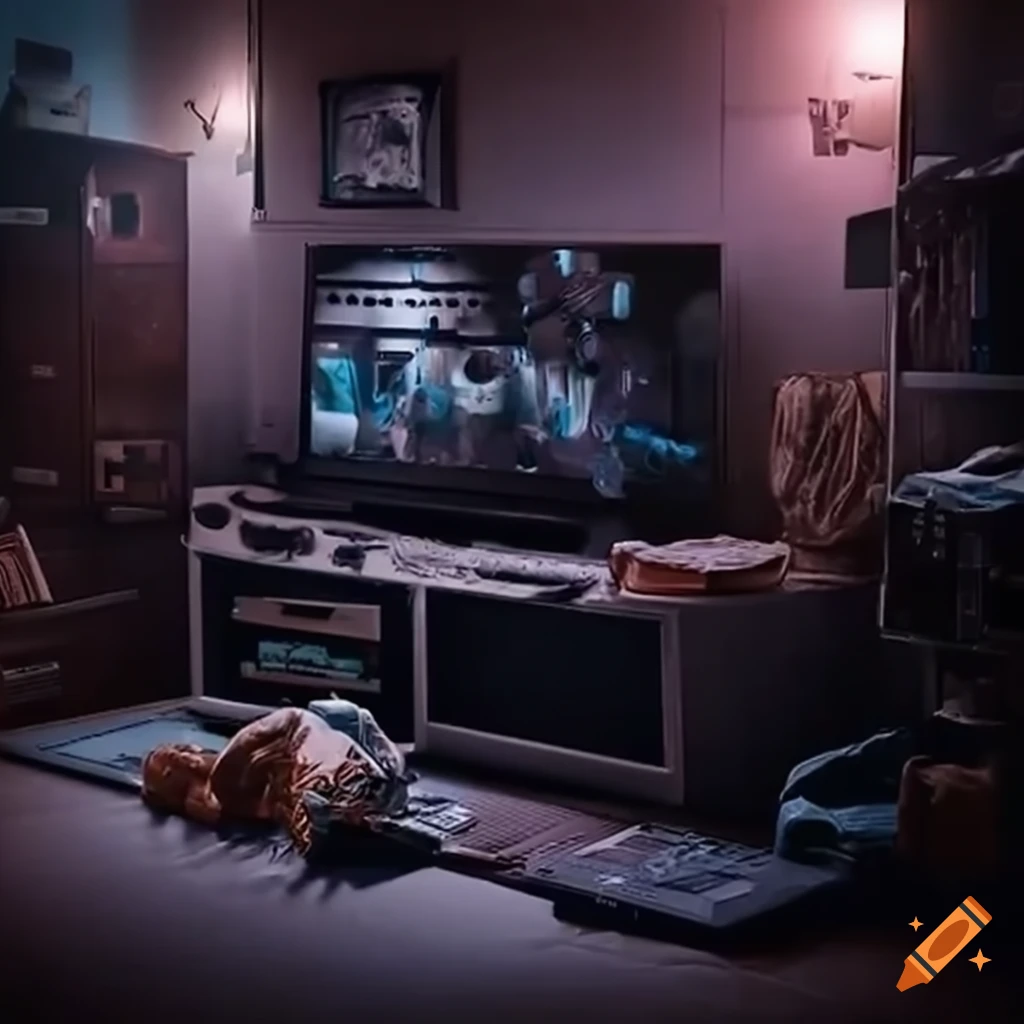 Messy room with a TV playing COD 4 zombies on a white PS4 Pro on Craiyon