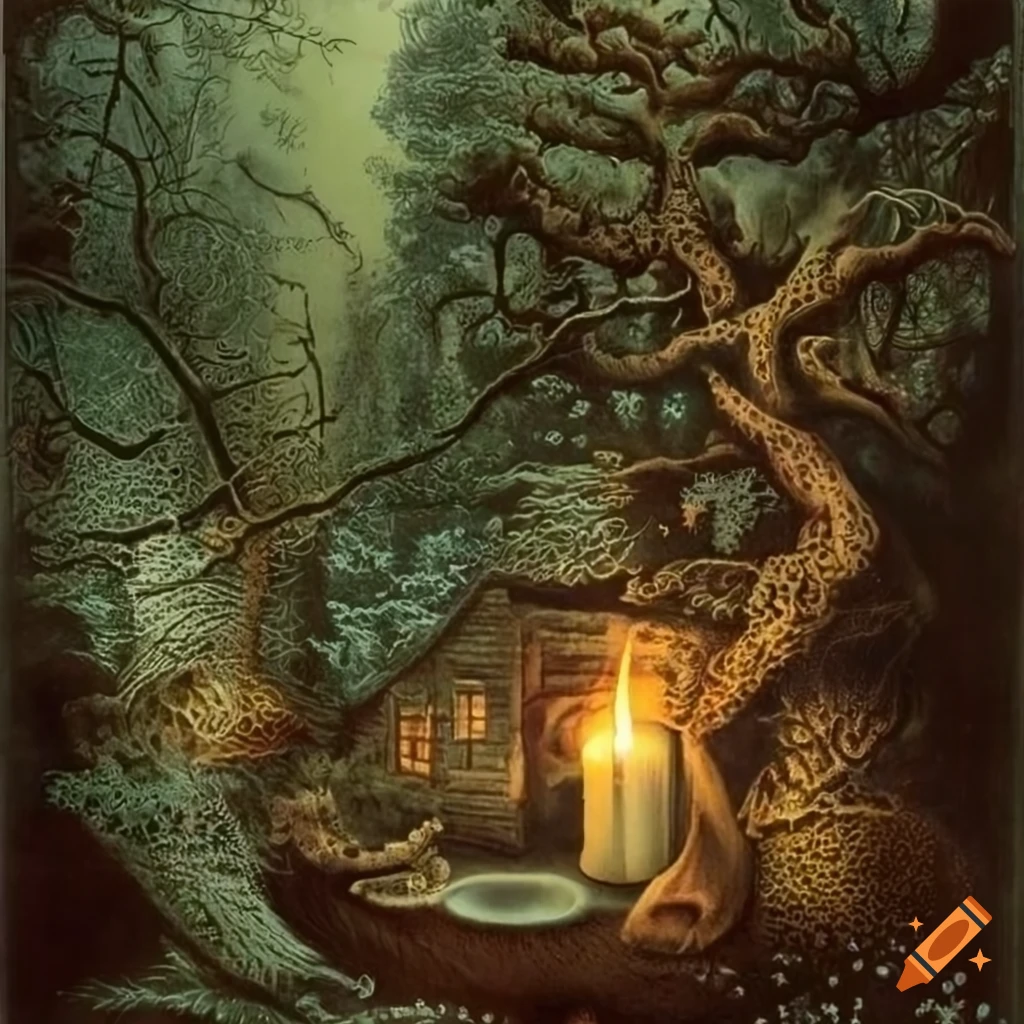 Rainy forest with a cozy candle-lit tree house and humanoid bears ...
