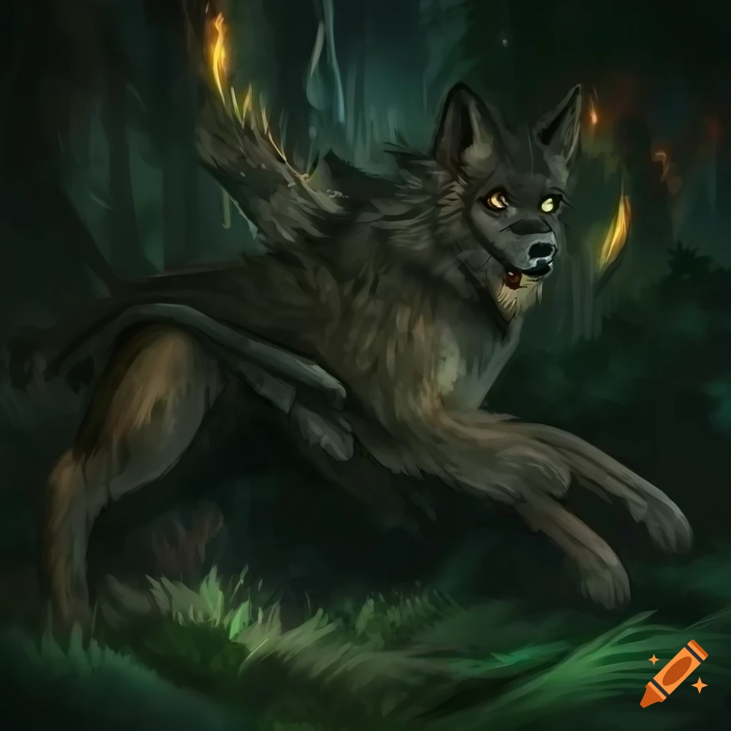Evil wolf attacking a wooden cottage in a forest in fantasy art style ...