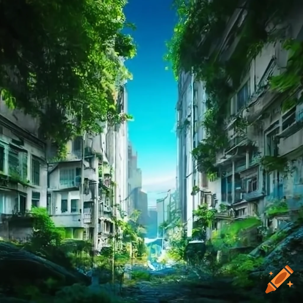 Future cityscape overtaken by lush greenery with damaged buildings on Craiyon