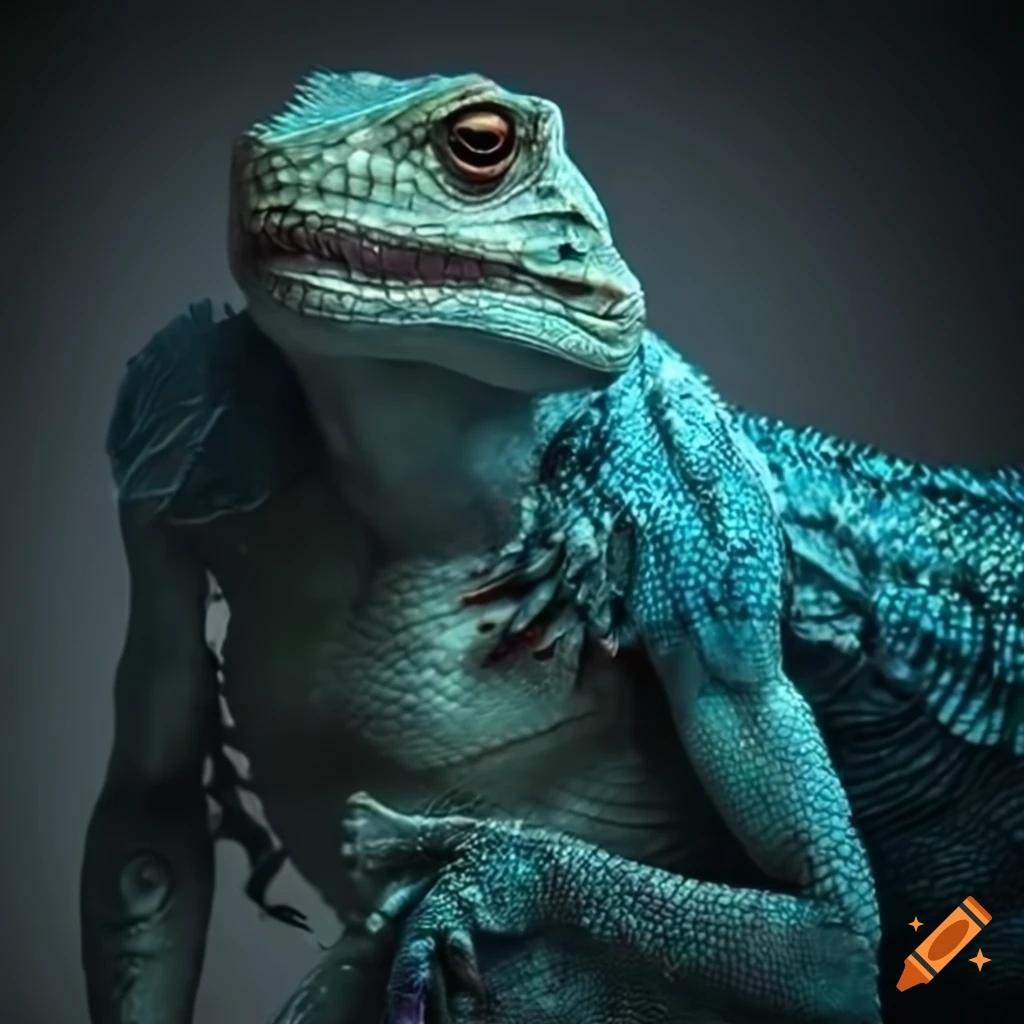 Zombie-like humanoid with lizard features in leather clothes on Craiyon