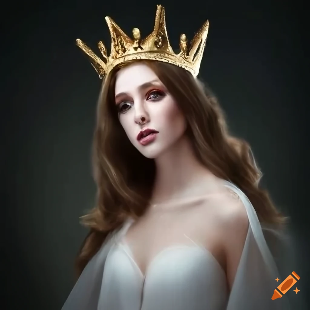 Digital painting of a good queen in white gown and golden crown with long brown hair on Craiyon
