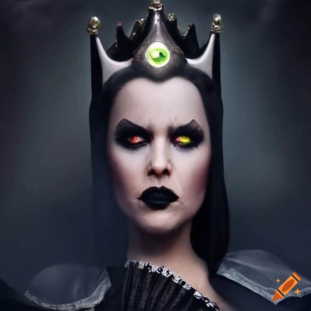 Digital painting of an evil queen in black gown and crown with angry ...