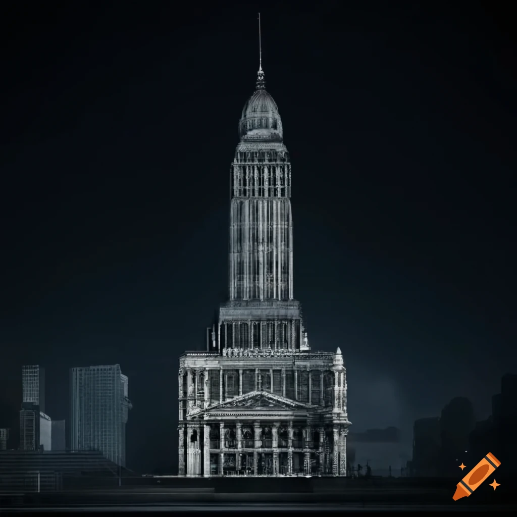 Colossal government skyscraper in a dark metropolis inspired by Etienne ...