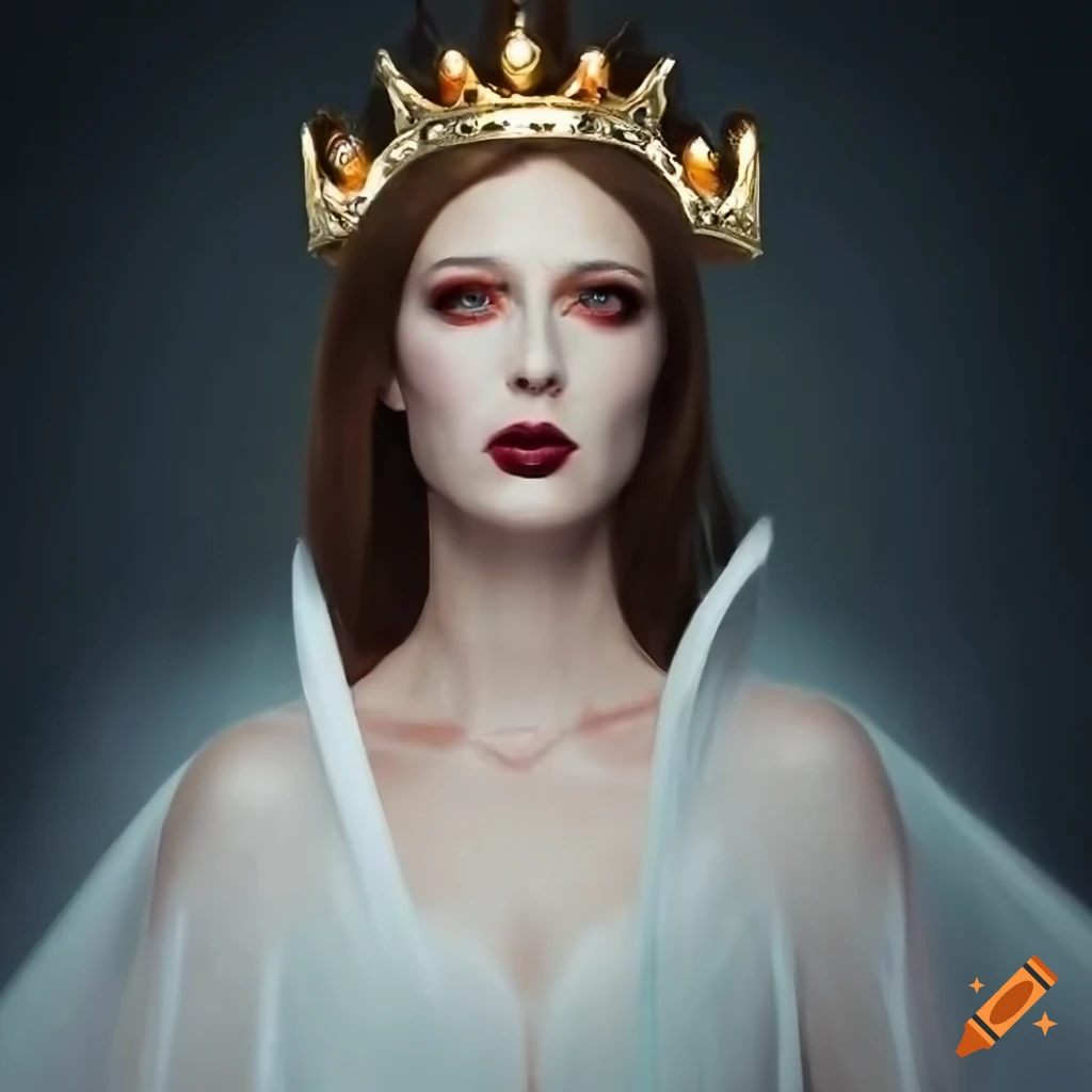 Digital painting of a good queen in white gown and golden crown with ...