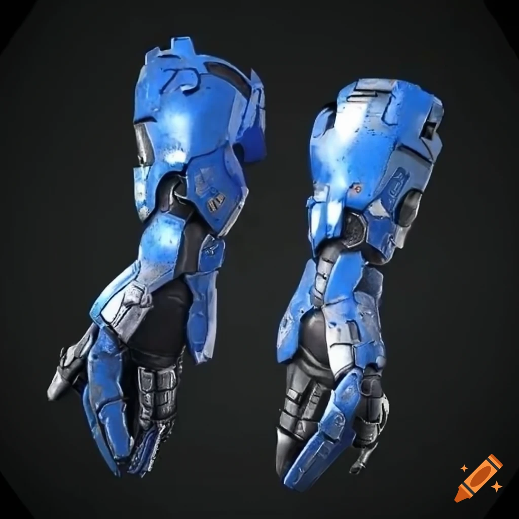 Blue metal steel gauntlet armor piece for futuristic soldier on Craiyon