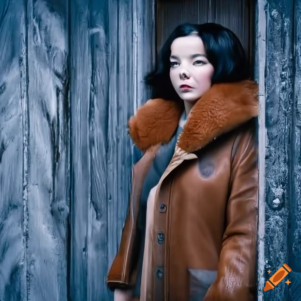 Icelandic singer Bjork lookalike in sheepskin bomber jacket and leather ...