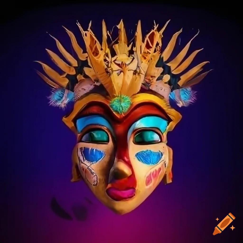 Vibrant sumarian wooden mask of a queen with lifelike eyes and feather ...