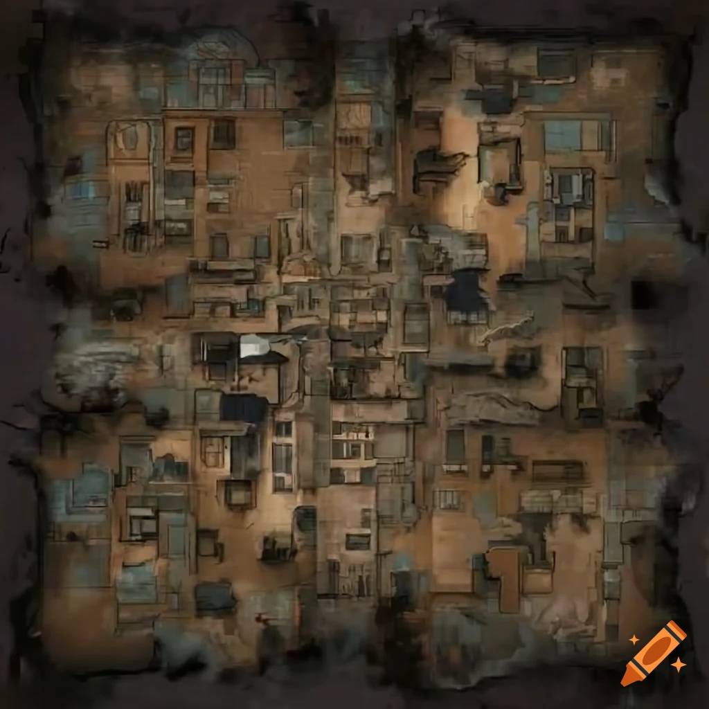 Top down map of a post-apocalyptic city with buildings and structures ...