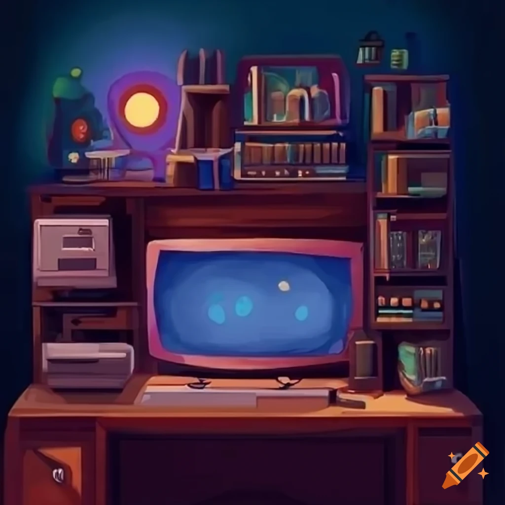 Cartoon cozy computer room on Craiyon