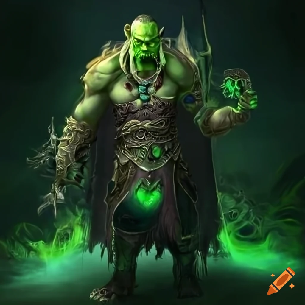 Powerful orc warlock with ethereal green energy, adorned in bone ...