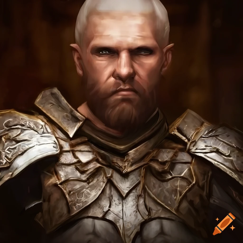 Portrait of a short-haired bearded male warrior in heavy armor emerging ...