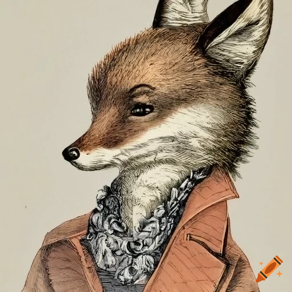 Female anthro fox in late 19th century fashion in crosshatched style on Craiyon