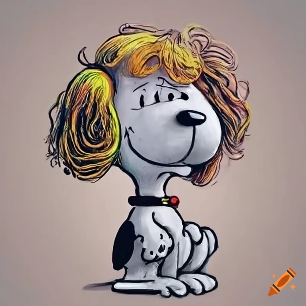 Snoopy cartoon with fair hair and a smartphone in Picasso style on Craiyon