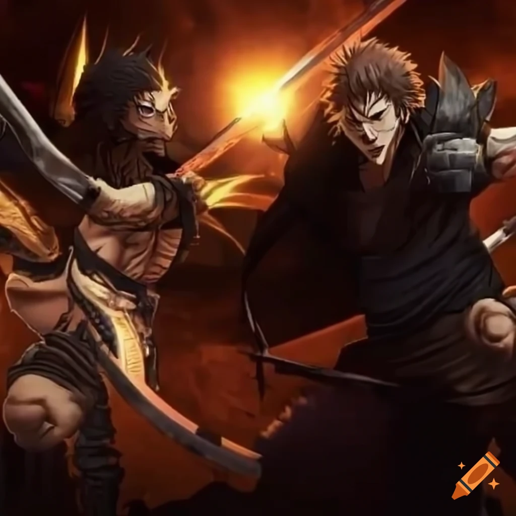 Medieval warrior engaged in an intense sword fight with multiple foes ...