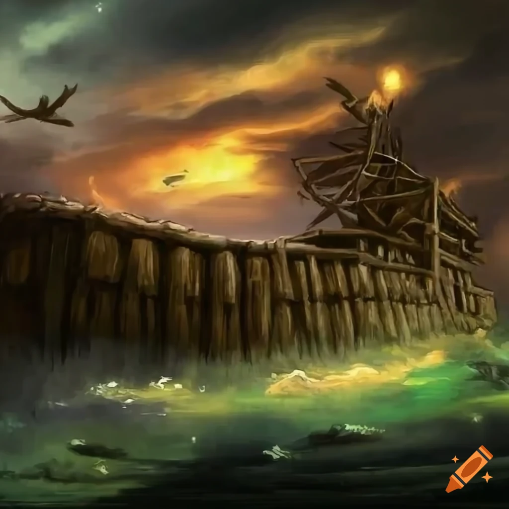 Prehistoric wooden ark sailing through a stormy sea on Craiyon