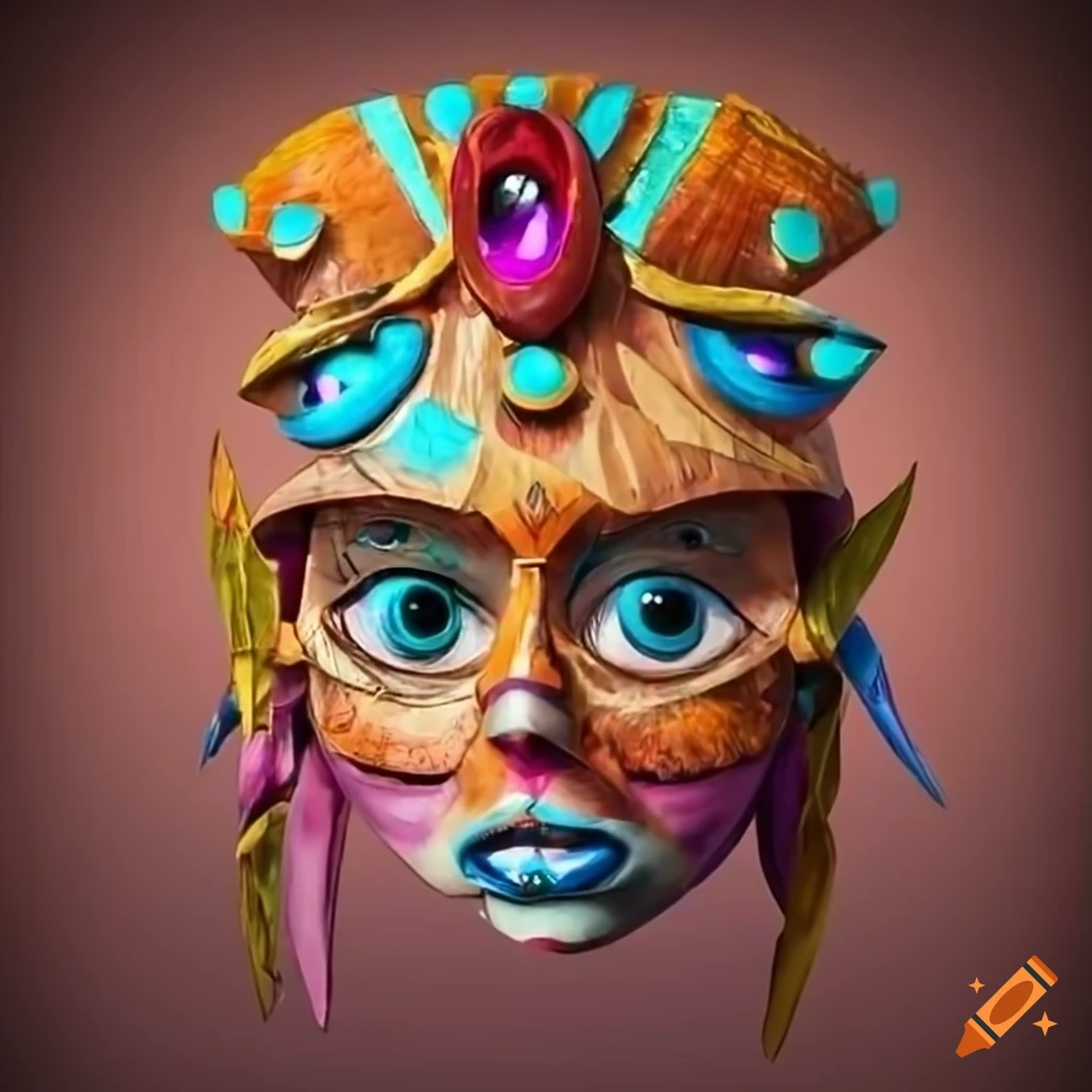Sumarian wooden mask with vibrant colors and feather crown on Craiyon