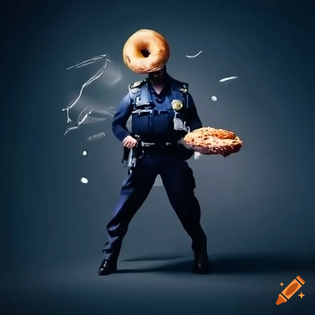 Police officer having fun with donuts at a station on Craiyon
