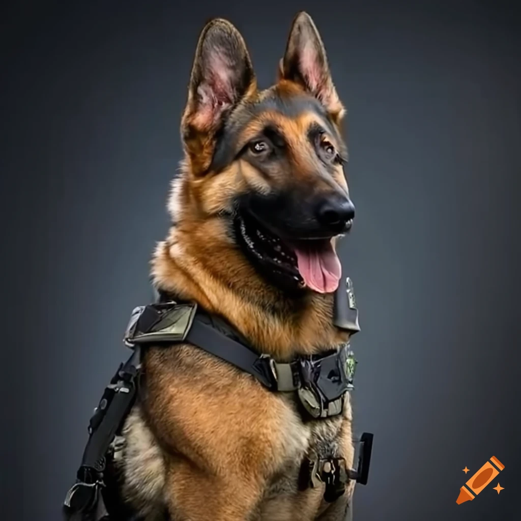 German shepherd police dog in military gear ready for duty on Craiyon