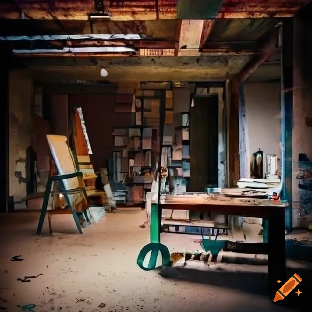 Avant-garde artist's studio with sculptures, installations, and ...