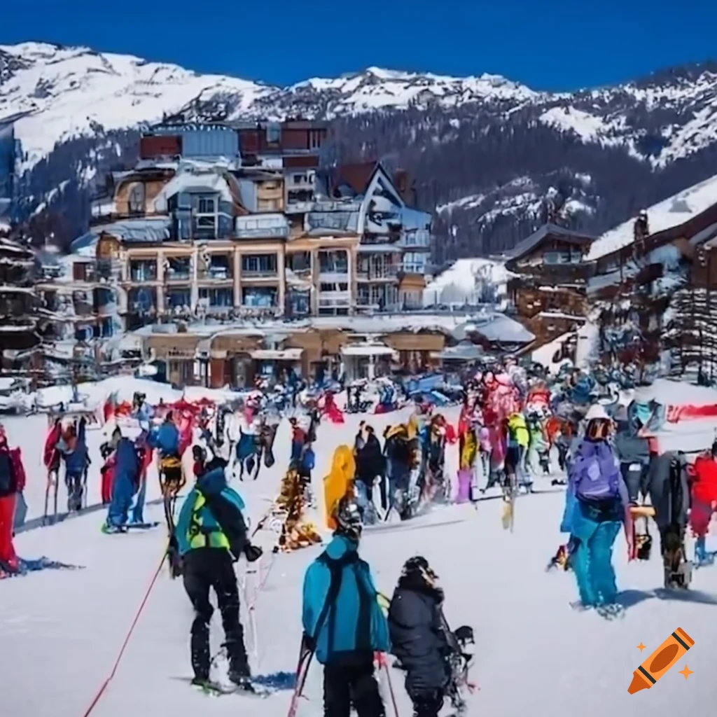Crowded ski resort with tourists shopping and skiing on Craiyon